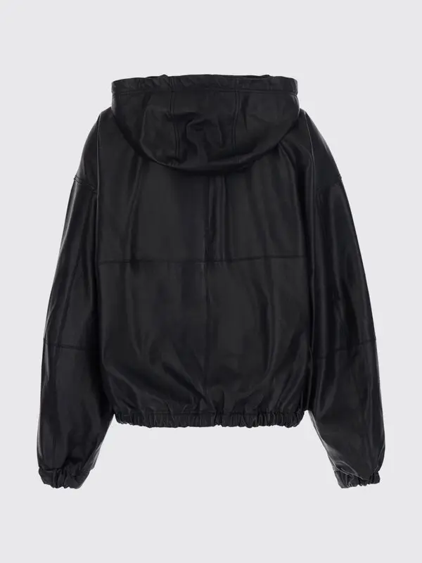 TELA Short Lambskin Leather Jacket With Hood And Drawstring - Black