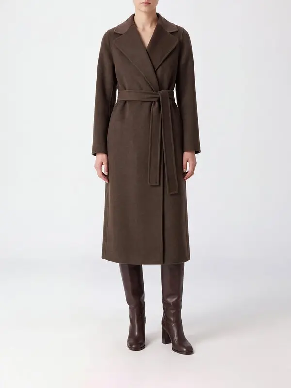 Max Mara Long Wool And Yak Coat With Tie Belt - Espresso