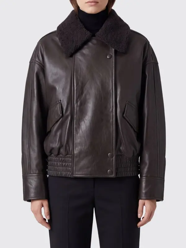 IVY OAK Double-breasted Nappa Bomber Jacket With Fur Collar
