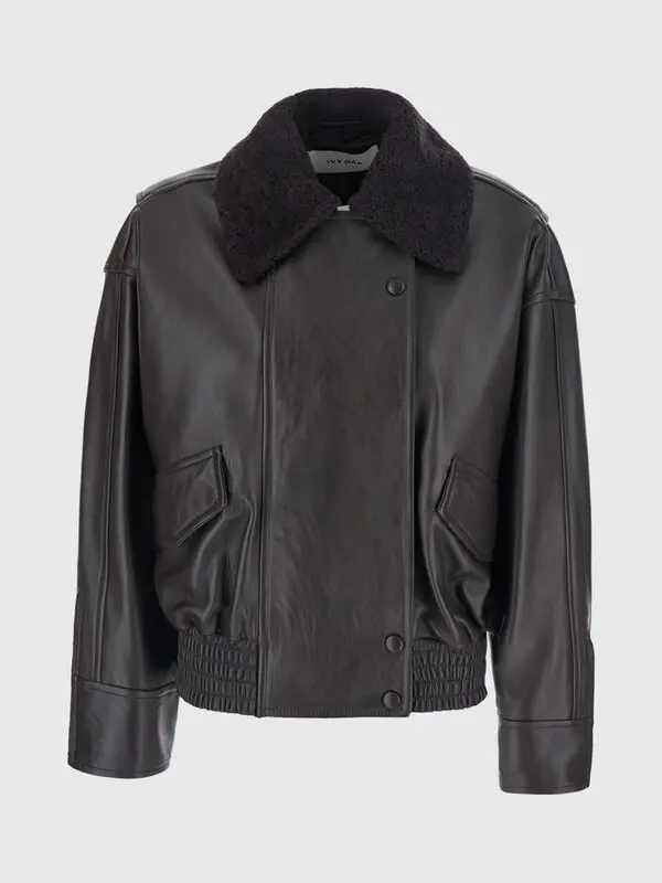 IVY OAK Double-breasted Nappa Bomber Jacket With Fur Collar