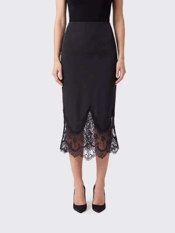 Norma Kamali Sable Satin Midi Pencil Skirt With Lace Inserts
