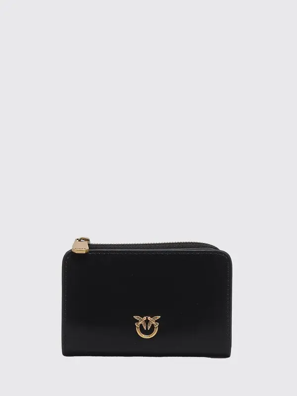 Pinko Smooth Calfskin Bifold Wallet With Love Birds Logo - Black