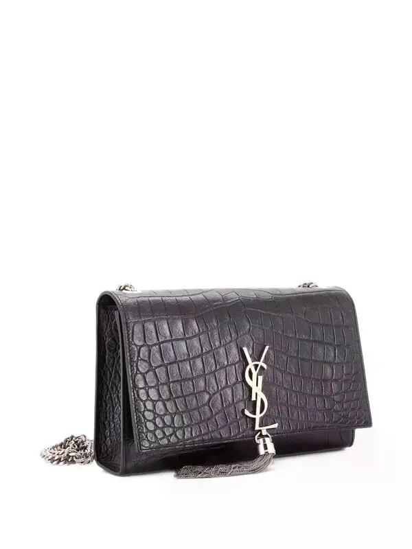Saint Laurent Classic Monogram Tassel Crocodile Embossed Leather Medium Crossbody Bag - Black