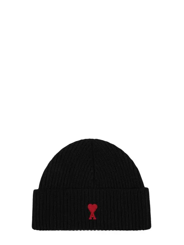 AMI Paris Wool Ribbed Knit Beanie With Signature Monogram Motif