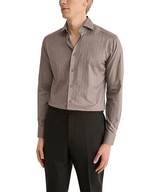 Eton Cotton Contemporary Fit Solid Flannel Dress Shirt - Medium Brown