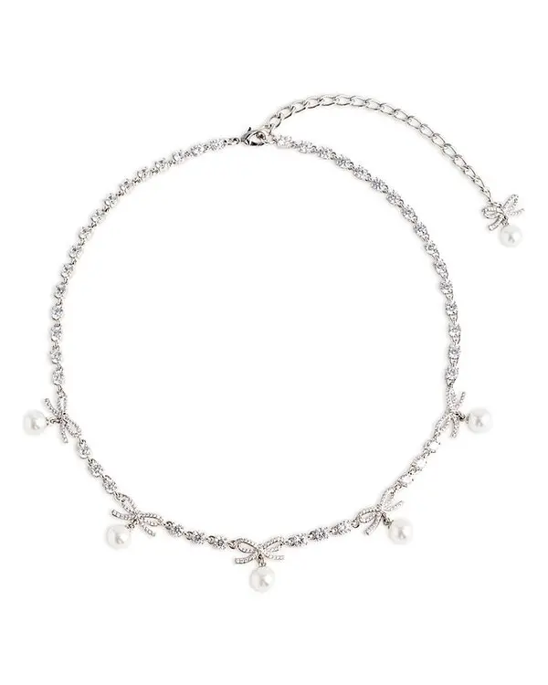 SELF-PORTRAIT Crystal Bow Imitation Pearl Charm Necklace, 16