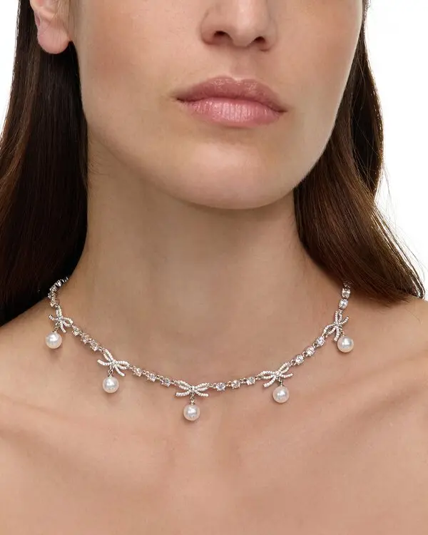 SELF-PORTRAIT Crystal Bow Imitation Pearl Charm Necklace, 16