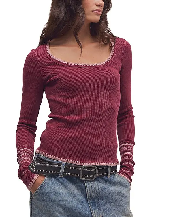Free People Aspen Thermal Cotton Embroidered Top - Cabernet