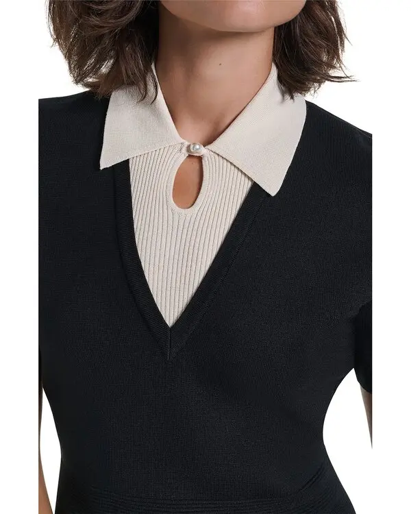 Karl Lagerfeld Paris Short Sleeve Collared Sweater Dress