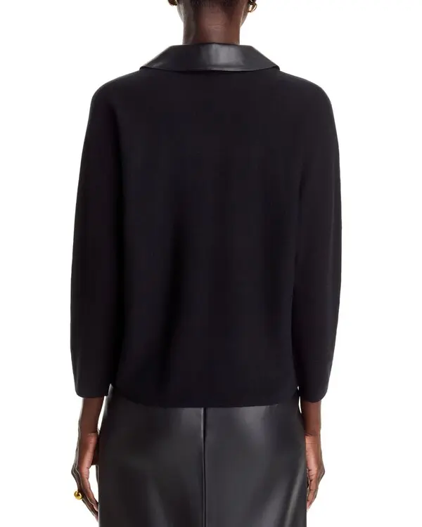 SIONI Faux Leather Collar V Neck Sweater - Black