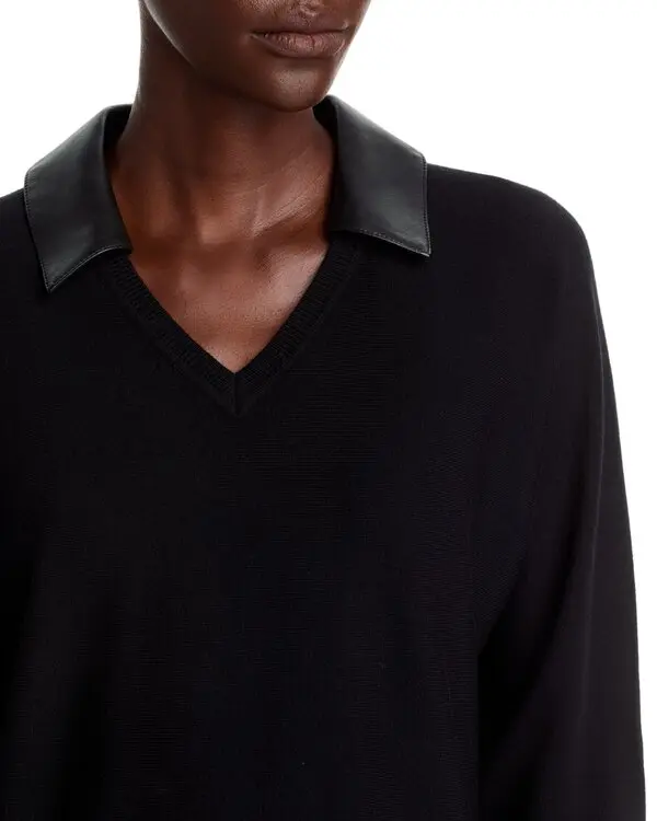 SIONI Faux Leather Collar V Neck Sweater - Black