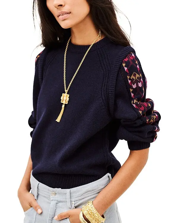 Ba&sh Elda Embroidered Wool Round Neck Sweater - Ink