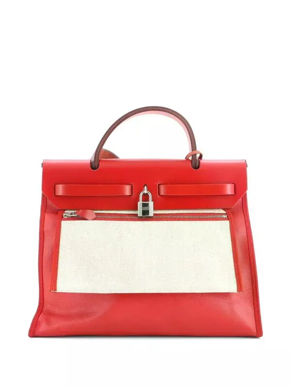Hermès Herbag Zip Berline Vache Canvas And Leather 31 Shoulder Bag - Red