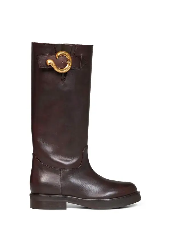 Etro Brown Leather High Boots With Paisley Buckle - Multicolor