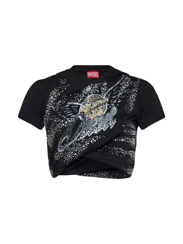 DIESEL® Black Double-layer Jersey T-wincy Printed Cropped T-shirt