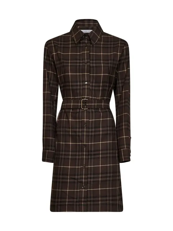 Burberry Brown Check Flannel Belted Shirt Dress - Multicolor