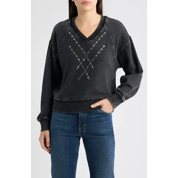CITY BLUES Studded Acid Wash Cotton Sweatshirt - Black
