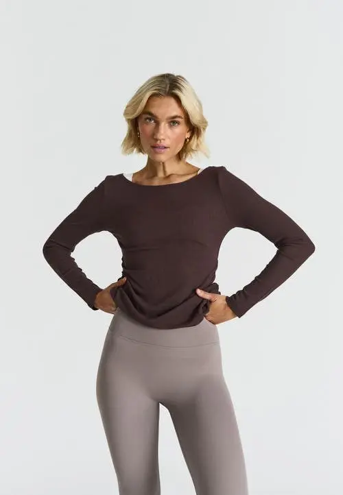 SISTERLY TRIBE Ribbed Long Sleeve Top - Espresso