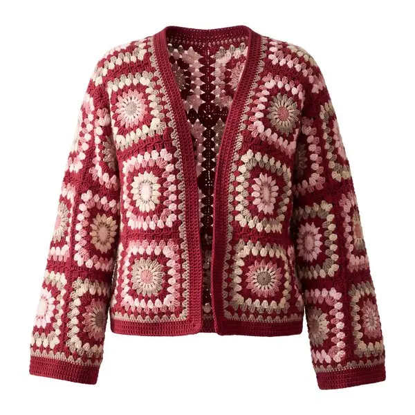 ANA CHIC Burgundy Sunburst Handmade Crochet Cardigan