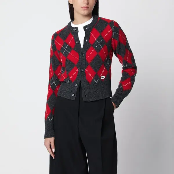 AMI Paris Red/ Argyle-pattern Cardigan In Wool