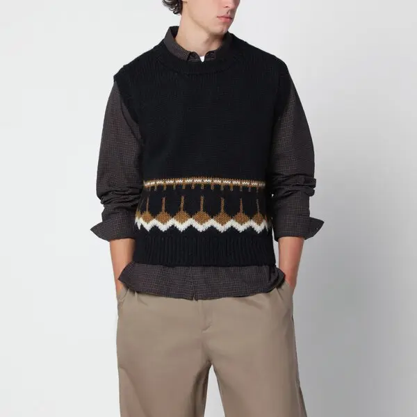 You Must Create Navy Wool Vest With Geometric Jacquard Pattern