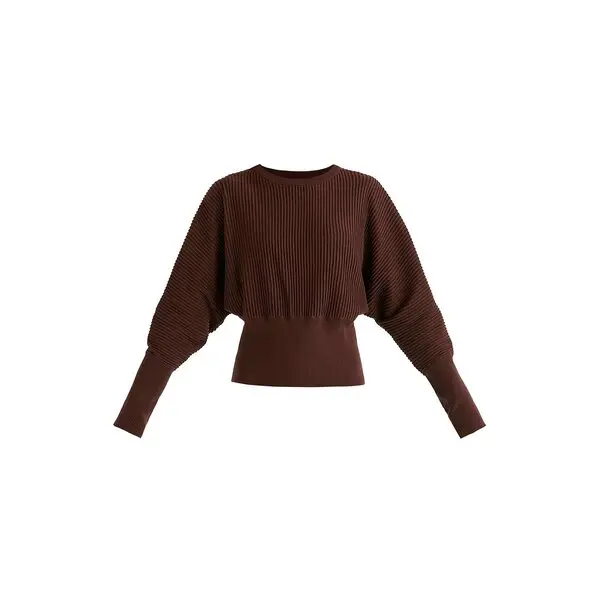 PAISIE Ribbed Batwing Sleeve Knit Top With Fitted Waist