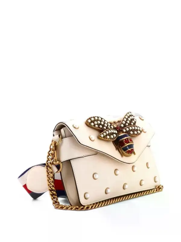 Gucci Broadway Pearly Bee Embellished Leather Mini Shoulder Bag - Neutrals