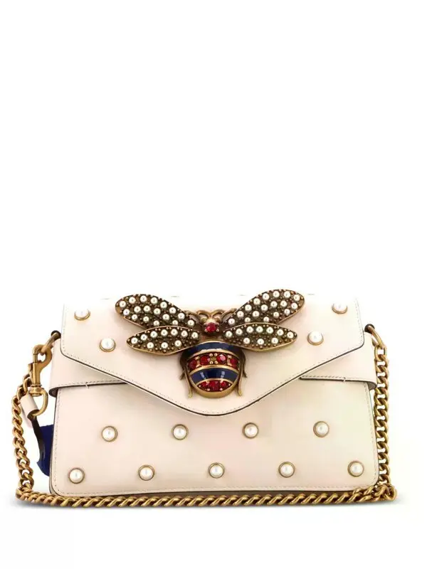 Gucci Broadway Pearly Bee Embellished Leather Mini Shoulder Bag - Neutrals