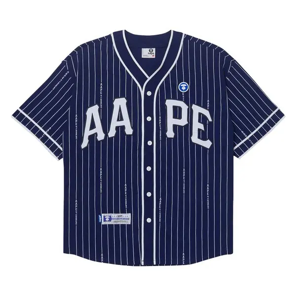 AAPE Moonface Patch Striped Short-sleeve Shirt 'navy