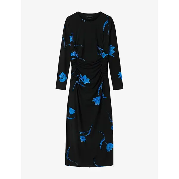 Whistles Floral Ruched Jersey Midi Dress - Black/multi