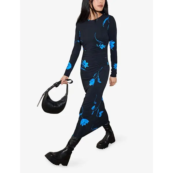 Whistles Floral Ruched Jersey Midi Dress