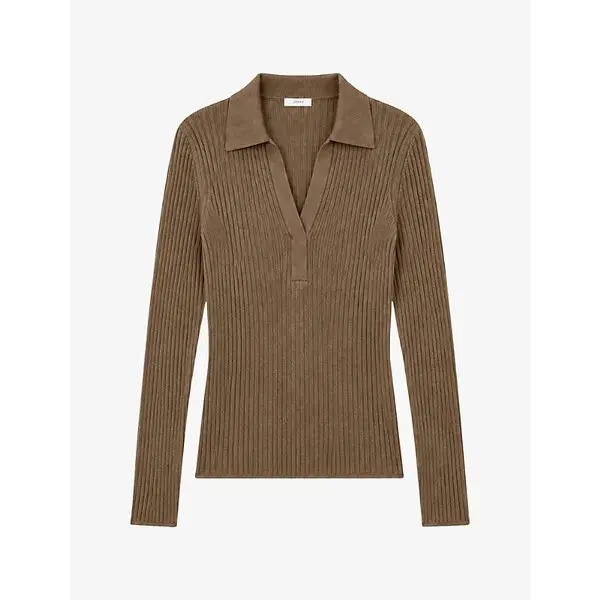 JOSEPH Collared Rib Merino-wool Blend Polo Top - Sable