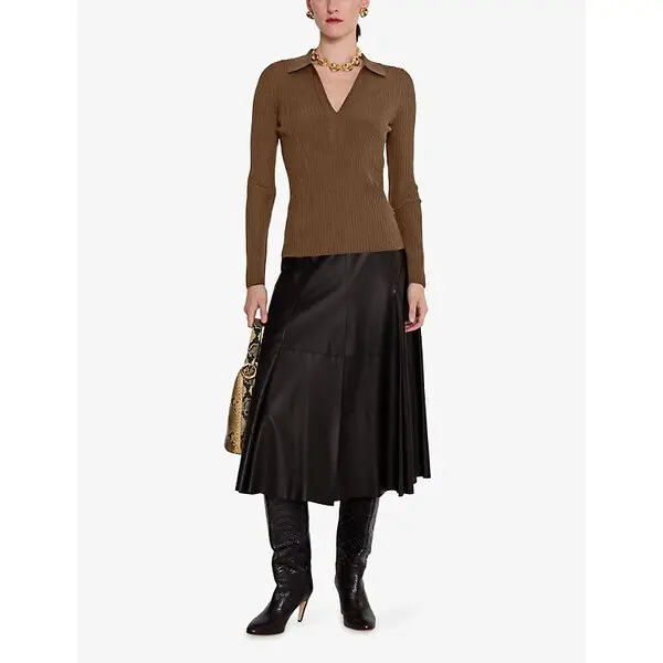 JOSEPH Collared Rib Merino-wool Blend Polo Top - Sable