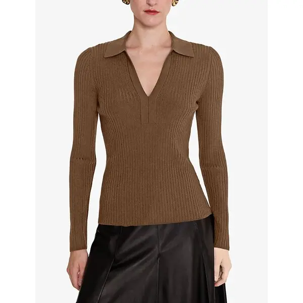 JOSEPH Collared Rib Merino-wool Blend Polo Top - Sable