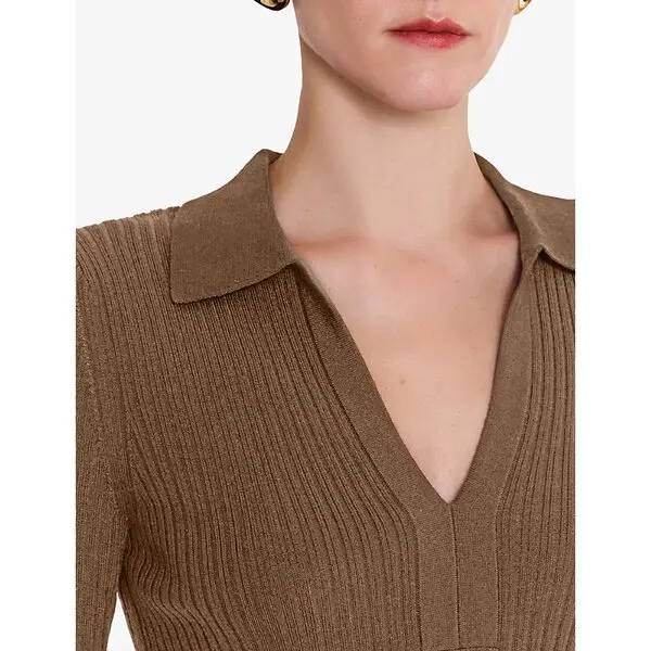 JOSEPH Collared Rib Merino-wool Blend Polo Top - Sable