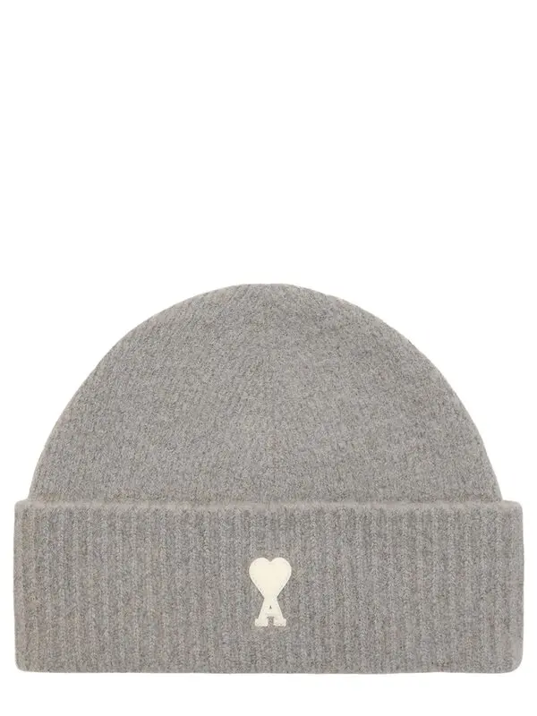 AMI Paris Wool Blend Beanie Hat With Logo Patch - Grey
