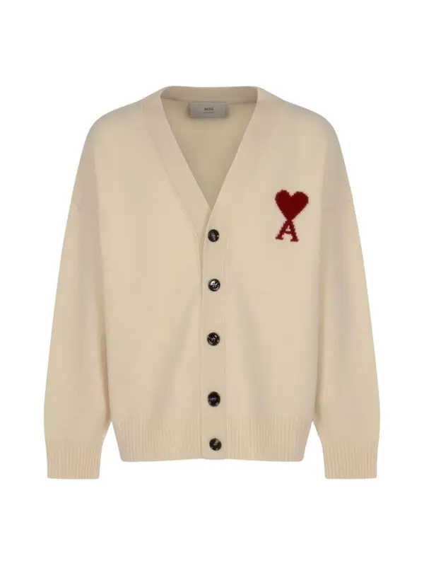AMI Paris Wool V-neck Cardigan With Logo Embroidery