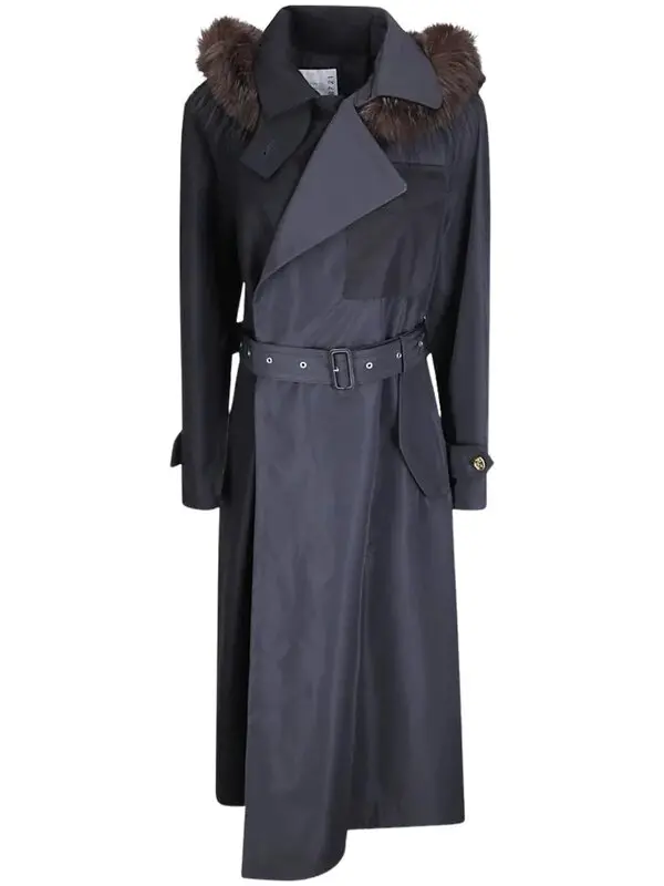 Sacai Asymmetrical Belted Trench Coat With Fur-trim Collar