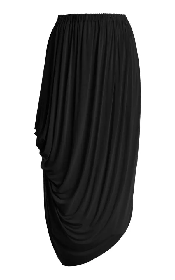 ASHLYN Asymmetrical Cascade Jersey Midi Dress - Navy