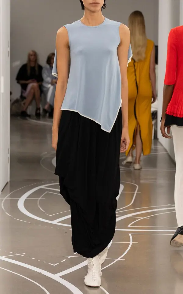 ASHLYN Asymmetrical Cascade Jersey Midi Dress - Navy
