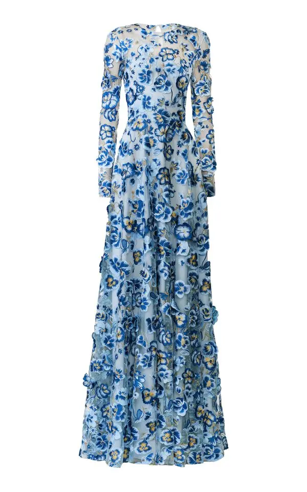 Naeem Khan Textured Floral Lace Gown