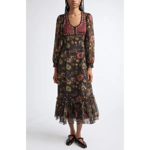 SIEDRES Serica Rivet Studded Maxi Dress - Brown Multi