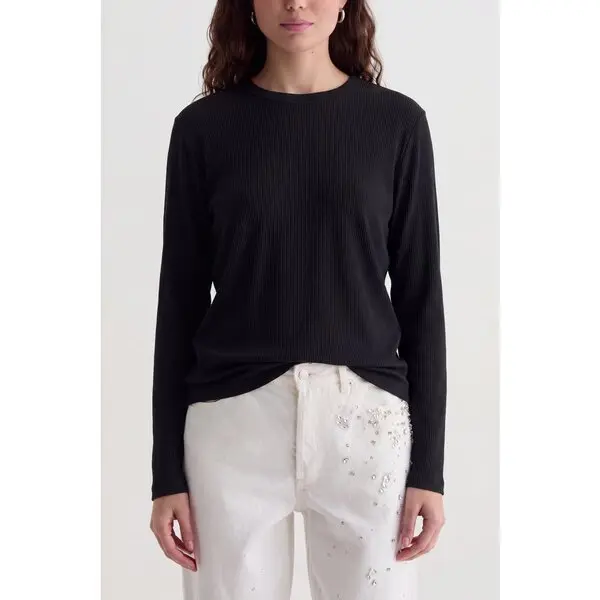 MENINA STEP Fitted Ribbed Long Sleeve Crewneck T-shirt - Black