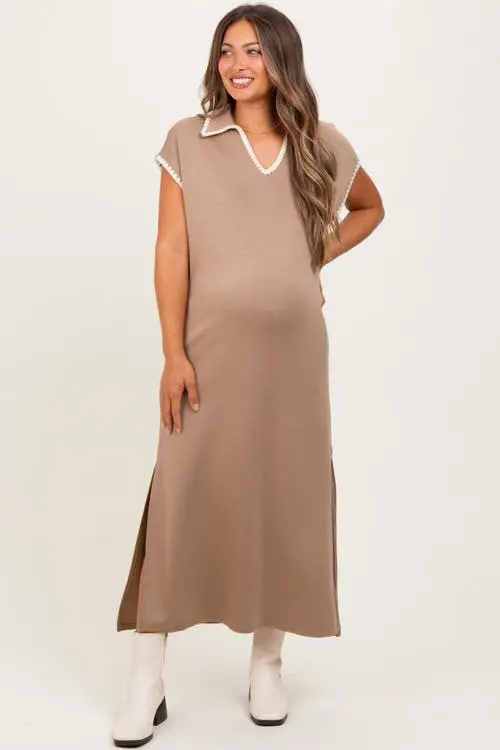 PINKBLUSH Collared Stitch Detail Short Sleeve Midi Dress - Mocha