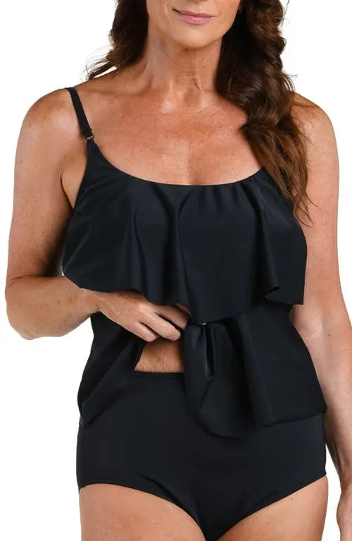 MAXINE OF HOLLYWOOD Solid Double Tiered Tankini Top - Black