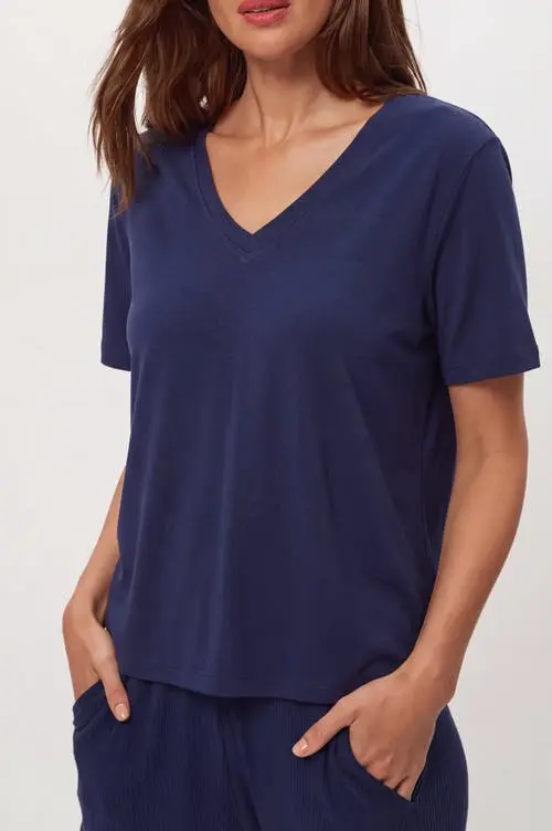 MENINA STEP Short Sleeve V-neck Cotton T-shirt - Navy