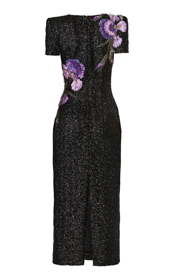 Naeem Khan Floral Applique Sequined Midi Dress