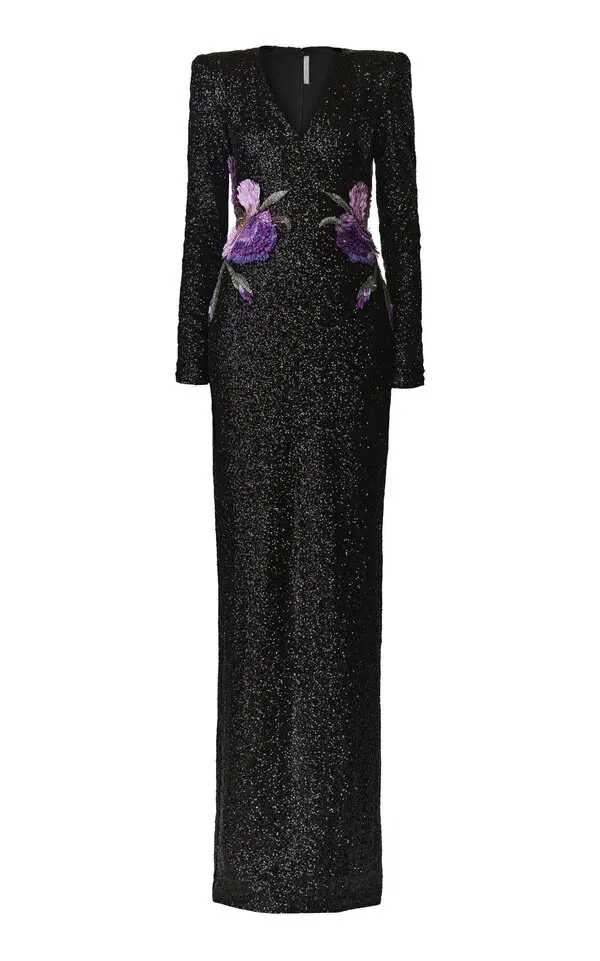 Naeem Khan Floral Applique Sequined Gown