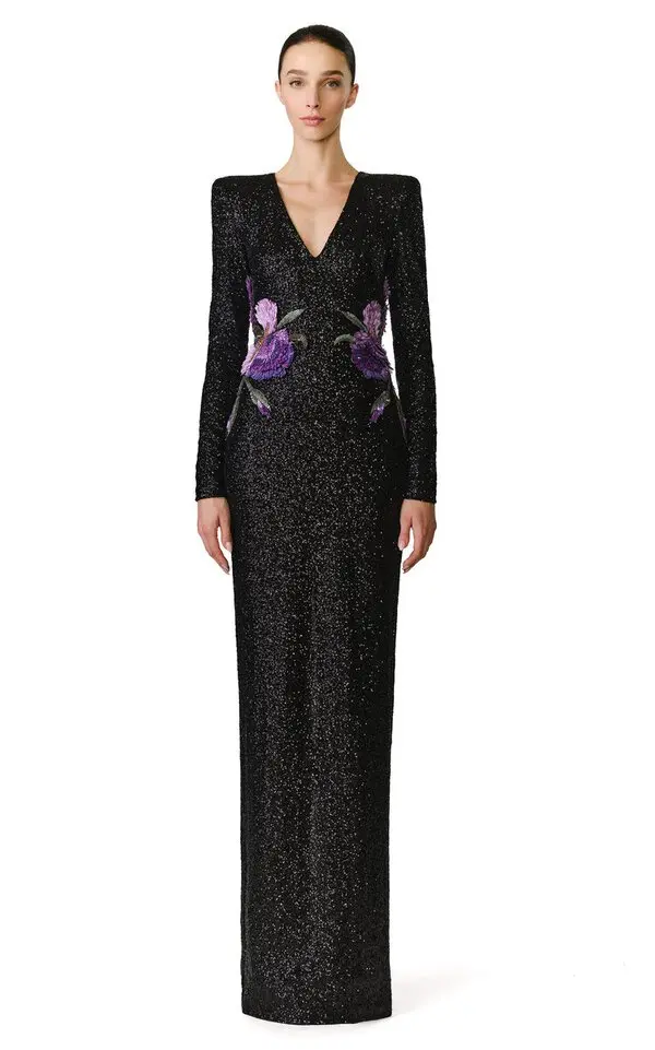 Naeem Khan Floral Applique Sequined Gown