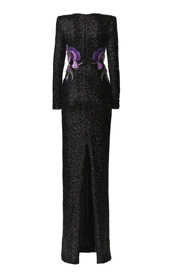 Naeem Khan Floral Applique Sequined Gown